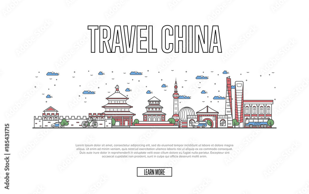 Travel China poster with architectural attractions in linear style ...