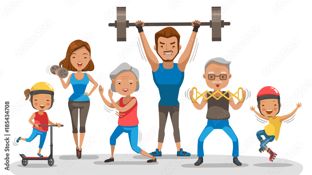 Sport Family. Big family happy Exercise together happily. Bodybuilder ...