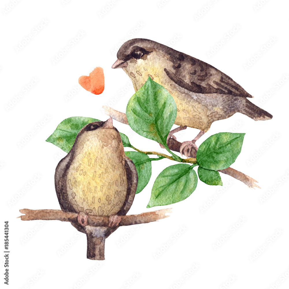 Raster vivid romantic illustration with a couple of birds sitting on ...