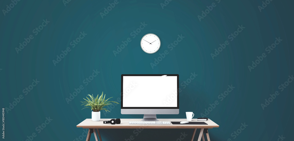 Computer display and office tools on desk. Desktop computer screen ...