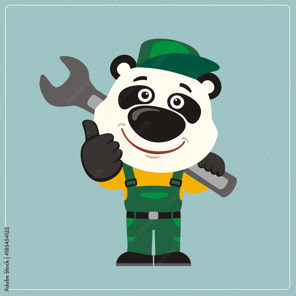 Funny panda in wearing overalls with the large wrench on her shoulder ...