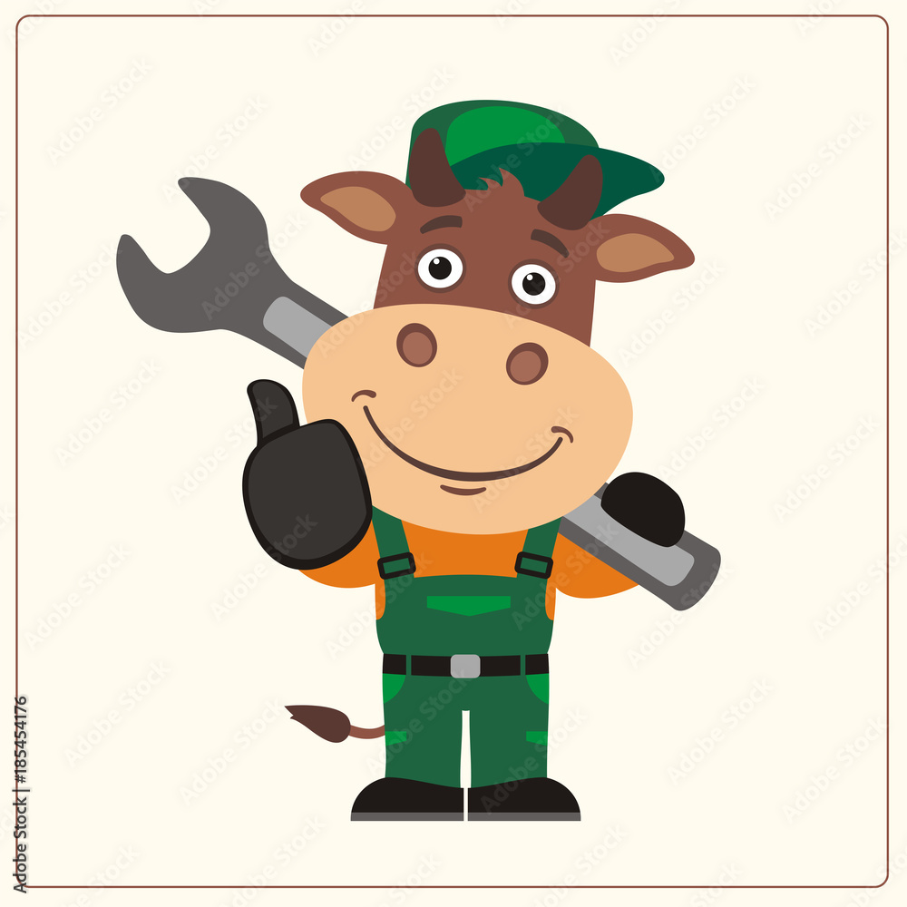 Funny bull in wearing overalls with the large wrench on her shoulder ...