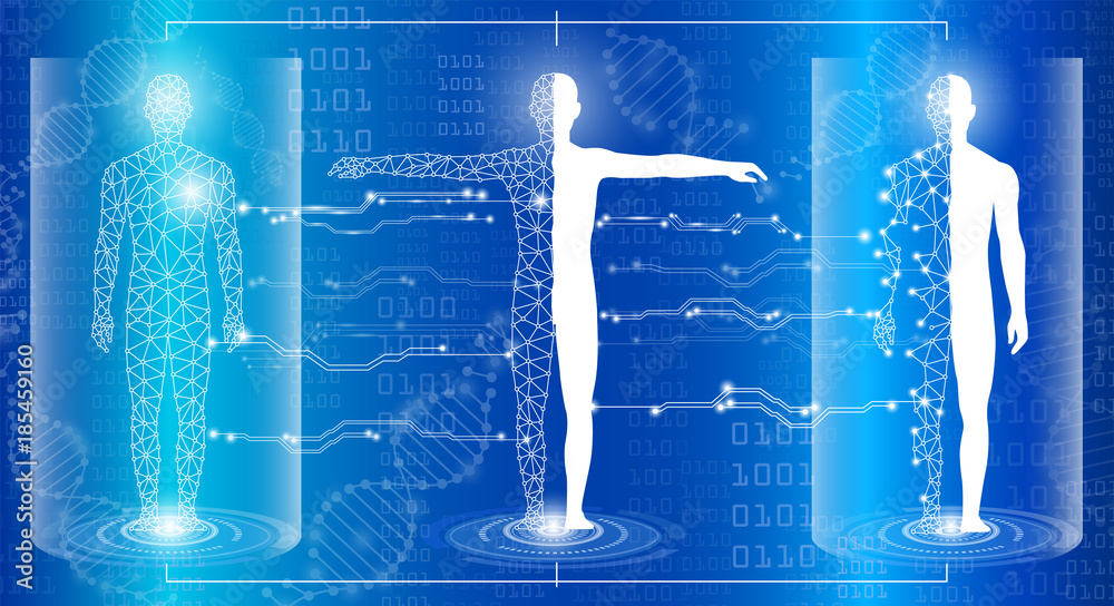 abstract background technology concept in blue light,brain and human ...