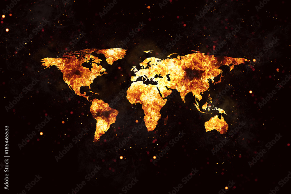 World Map Realistic Burning Fire Flames on Black Stock Illustration ...
