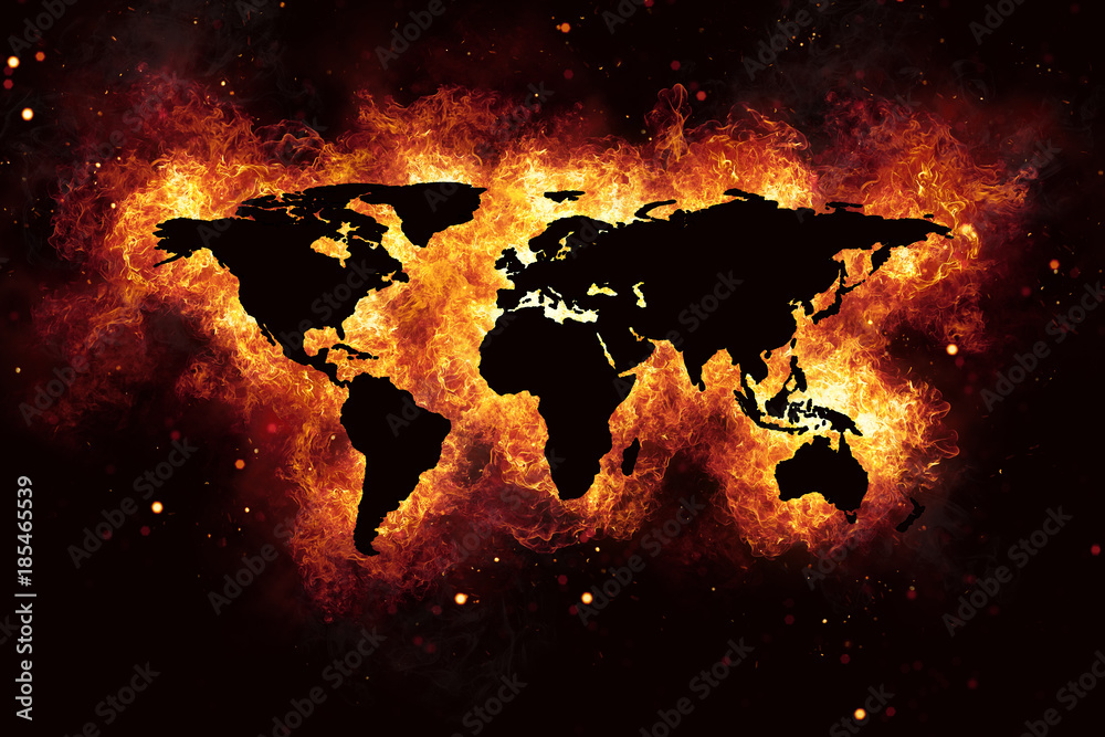 World Map Realistic Burning Fire Flames on Black Stock Illustration ...