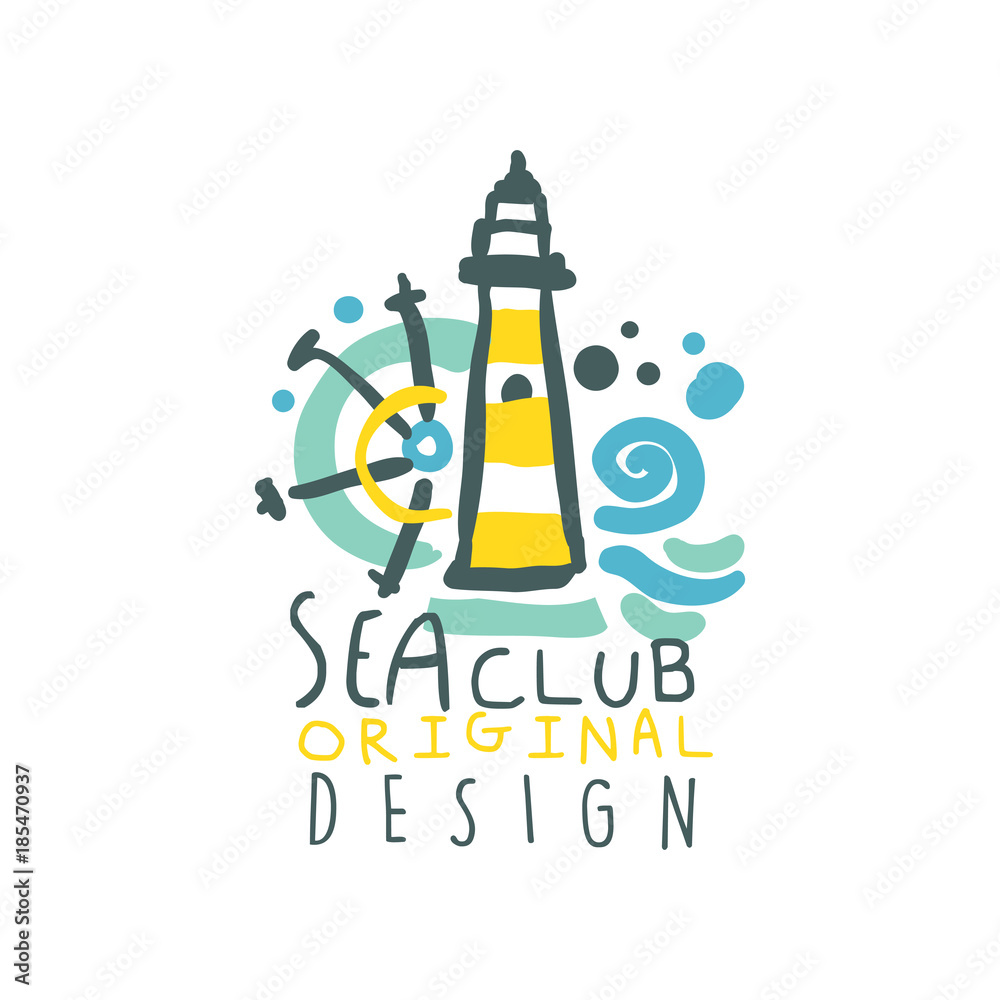 Colorful yacht or sea club logo design with lighthouse, ship steering ...