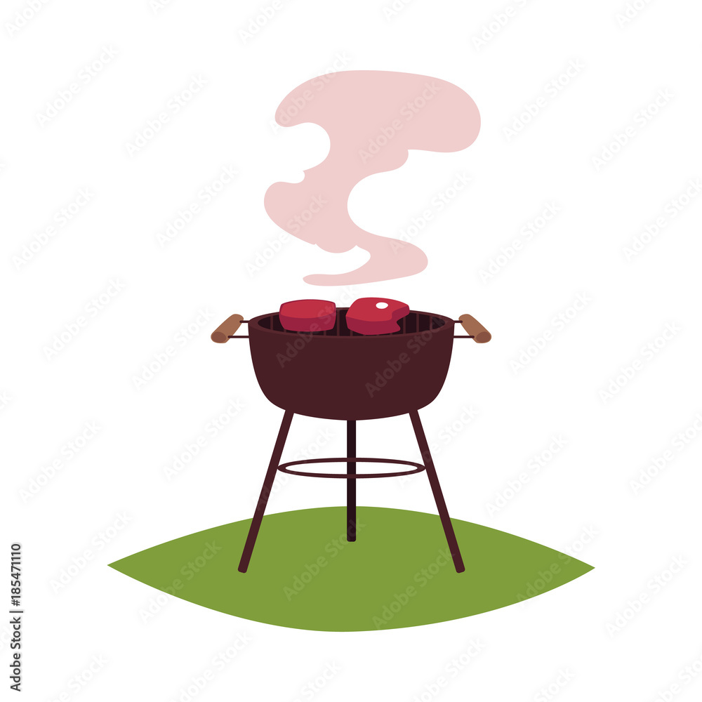 Round BBQ, barbecue, charcoal grill with two meat steaks, cartoon ...