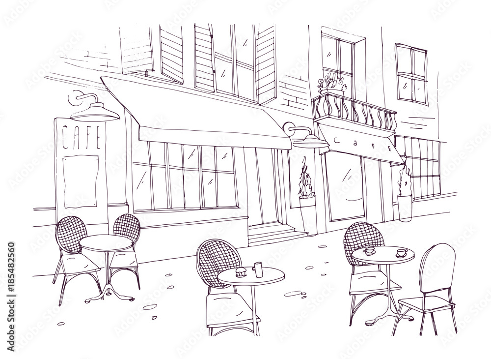 Drawing of sidewalk cafe or restaurant with tables and chairs standing ...