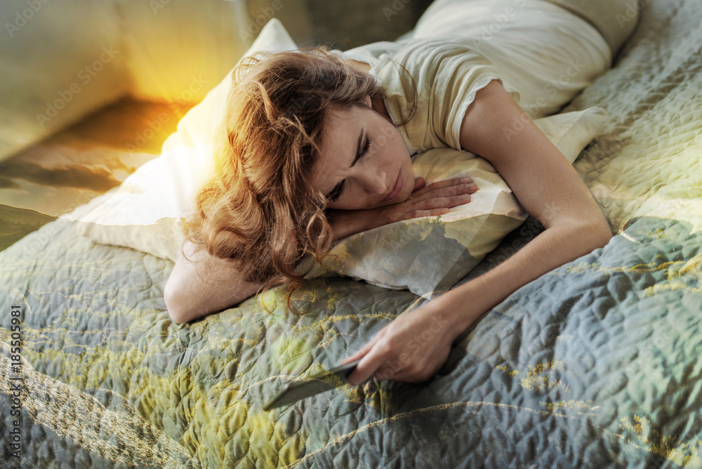 So frustrated. Depressed woman putting head on right hand and wrinkling ...