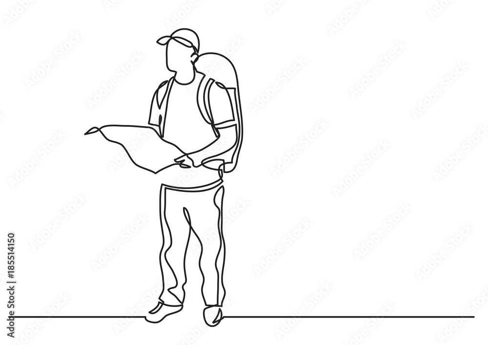continuous line drawing of standing traveler with backpack holding map ...