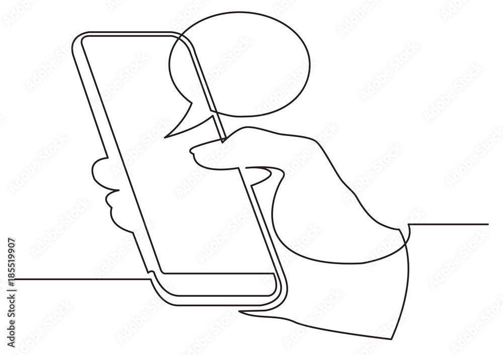continuous line drawing of hand using social media mobile app on smart ...