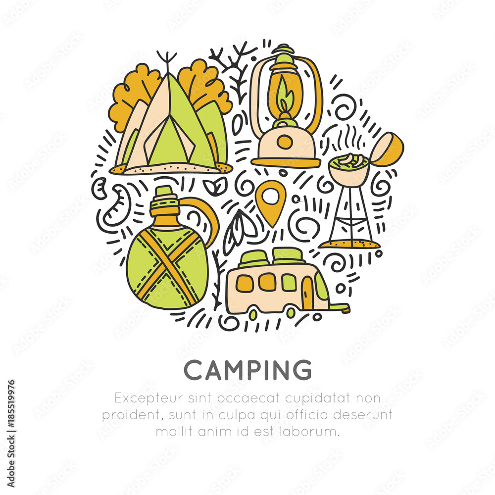 Camping vector hand draw concept, tent, lamp, caravaning rv icons in ...