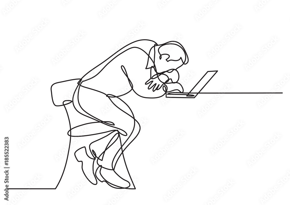 continuous line drawing of depressed businessman sitting bihind laptop ...