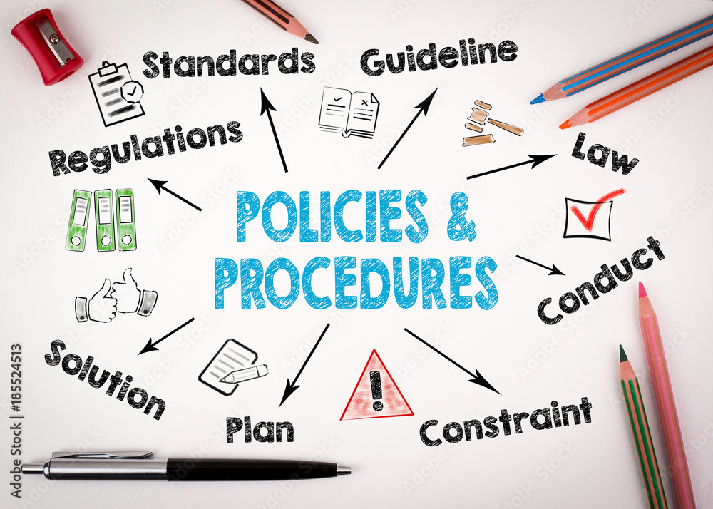 policies and procedures Concept. Chart with keywords and icons on white ...
