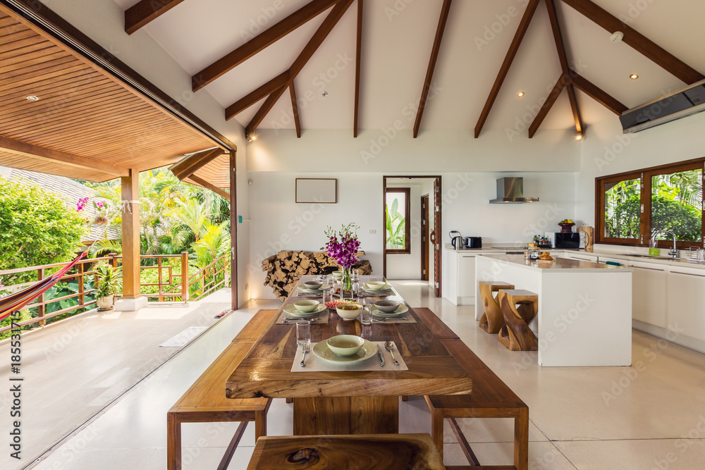 Luxury interior design in living room villa. Bright space with high ...