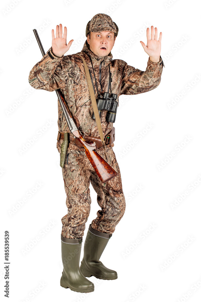 male hunter with double barreled shotgun Isolated on white background ...
