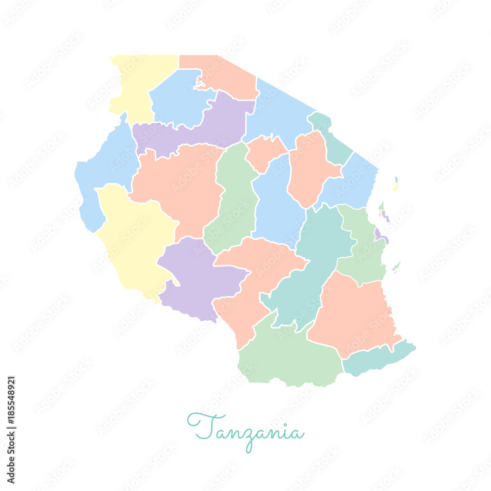 Tanzania region map: colorful with white outline. Detailed map of ...