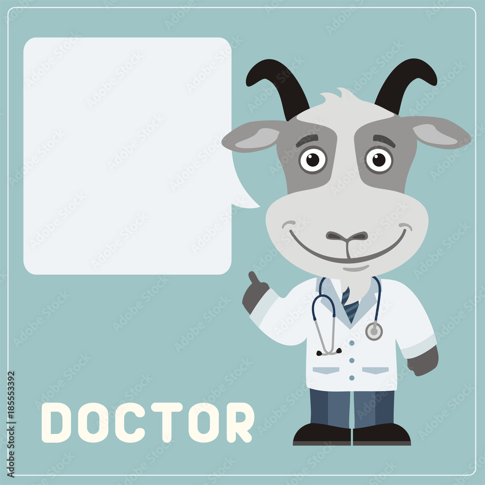 Doctor goat with bubble speech in cartoon style. Smiling doctor goat ...