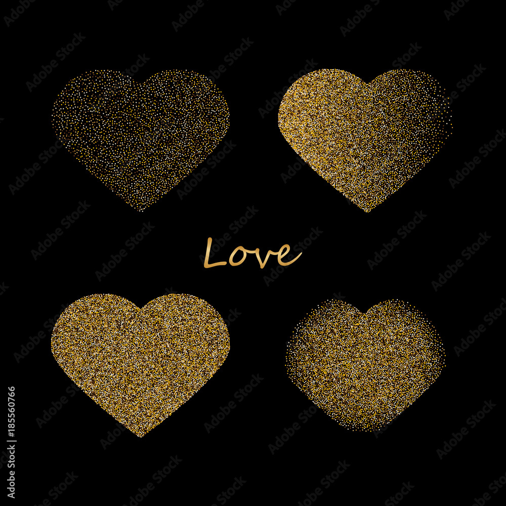 Shapes of four different hearts from golden glitter and pink scattering ...
