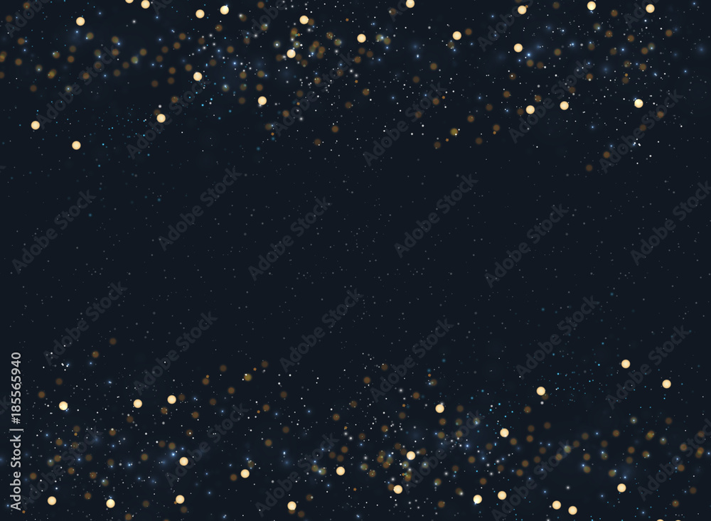 Abstract navy blue blurred background with bokeh and gold glitter ...