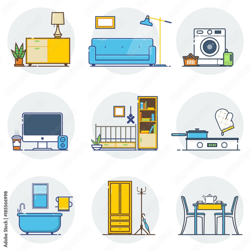 Set of line interior design icons line sign and symbols in flat design ...