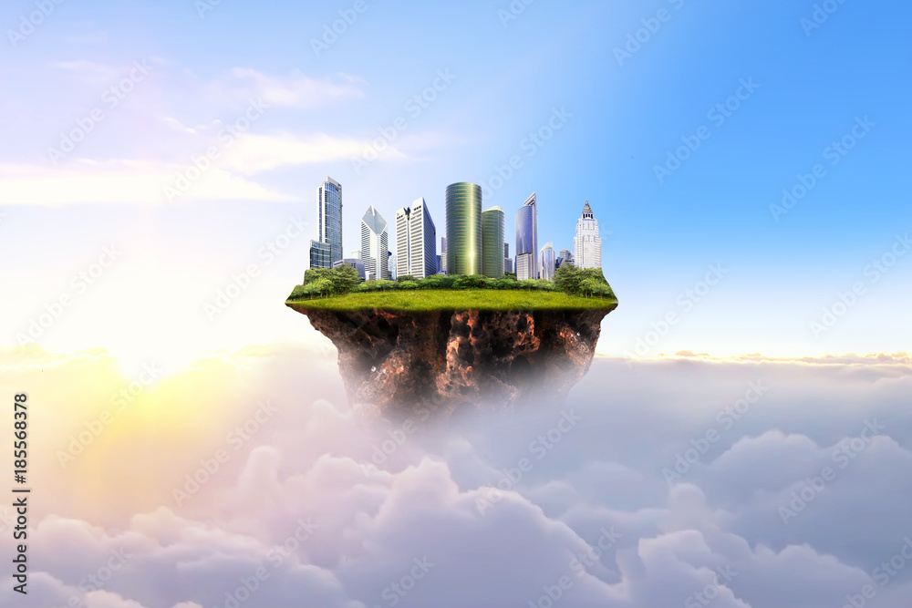Modern cityscape with buildings and skyscrapers floating on clouds in ...