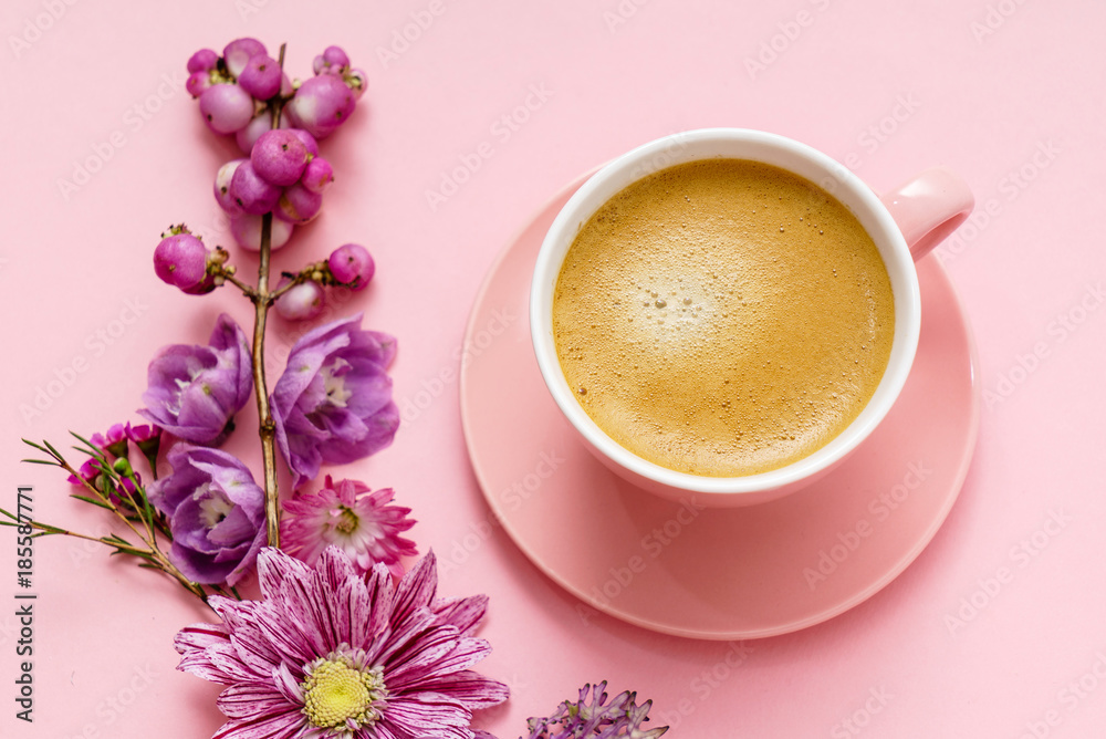 coffee in pink pastel table top view Stock Photo | Adobe Stock