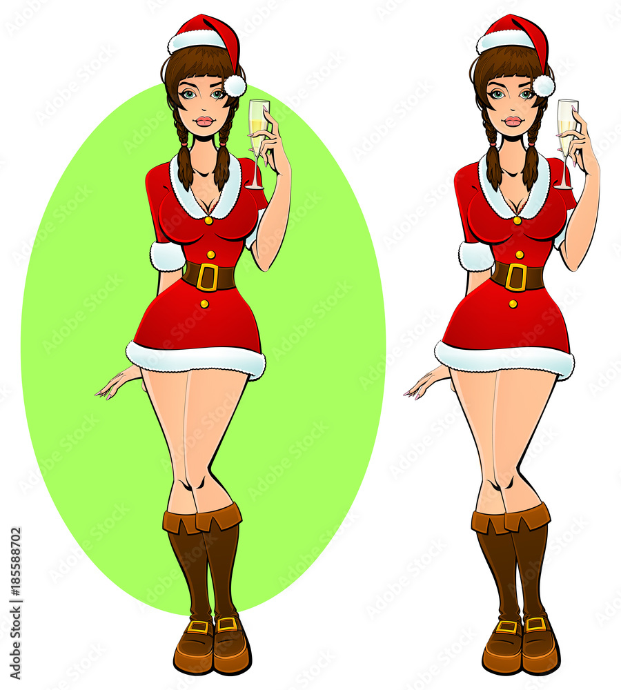 Sexy Christmas Girl With Santa Claus With A Glass Of Champagne Cartoon Character Stock Vector