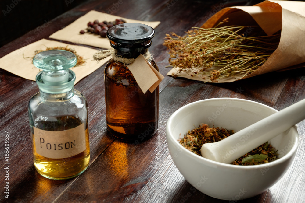 apothecary vintage set, preparation of herbal poison Stock Photo ...