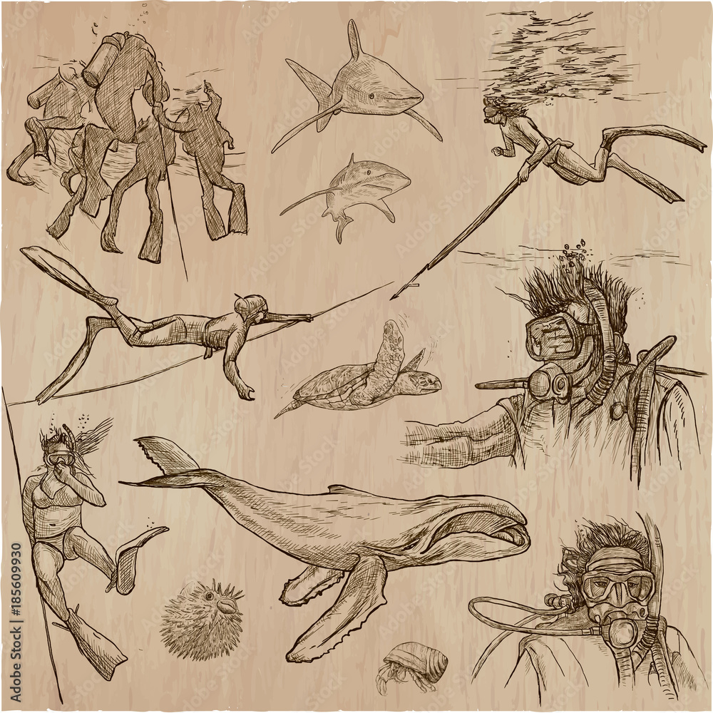 DIVING - An hand drawn vector collection, Divers. Freehand drawing ...