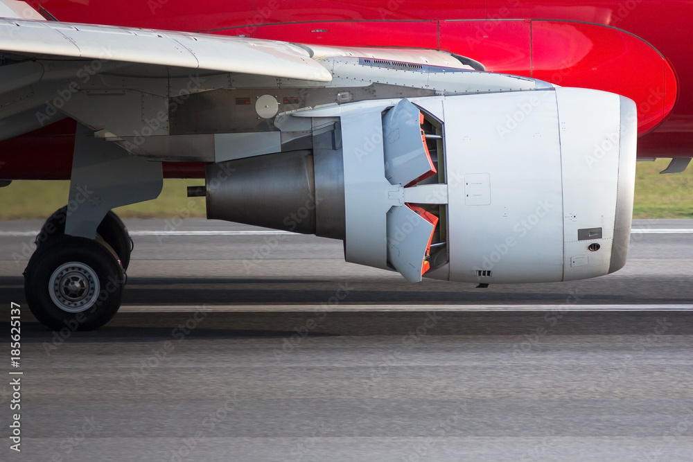 airplane engine in reverse close-up /backward thrust of the aircraft ...