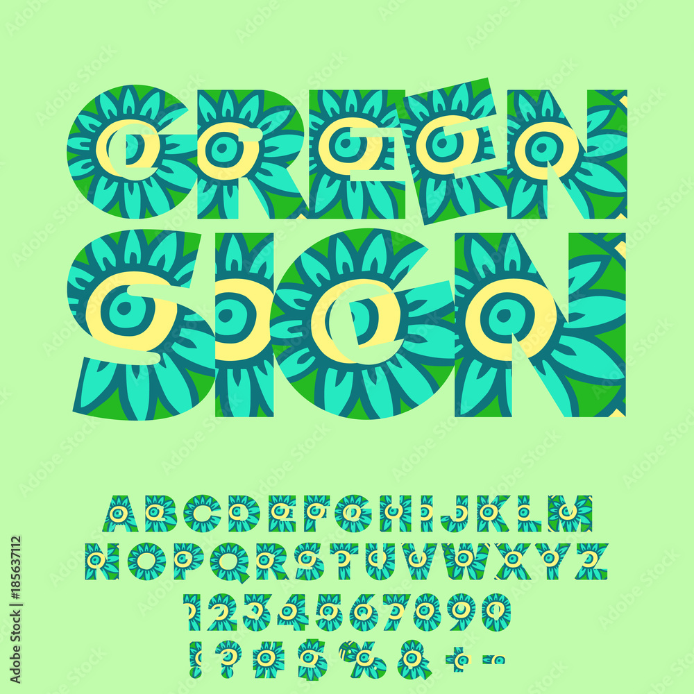 Vector colorful knitted patern with ornate label Green Sign. Set of ...