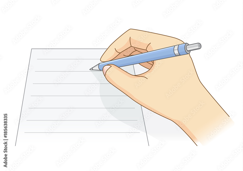 Hand holding a blue pen to writing on blank paper. Illustration about ...