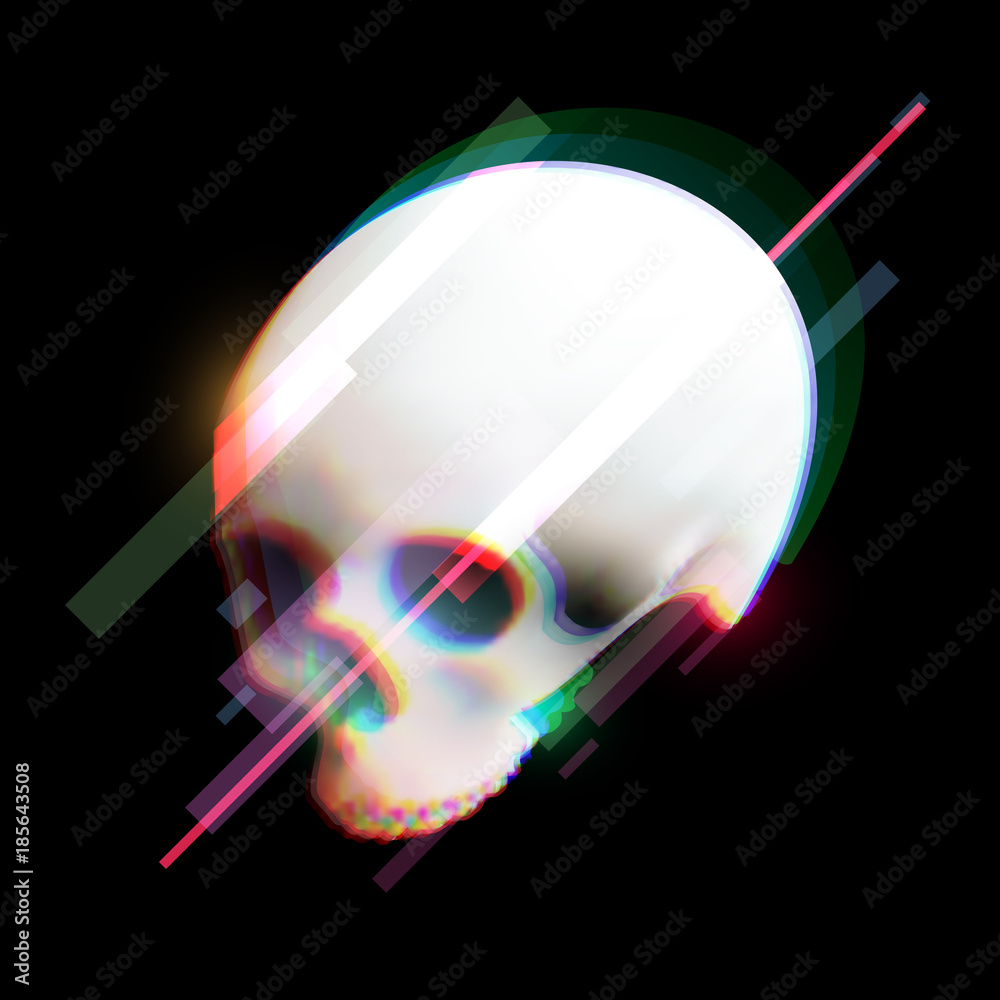 Human skull in distorted glitch style on black background. Modern ...