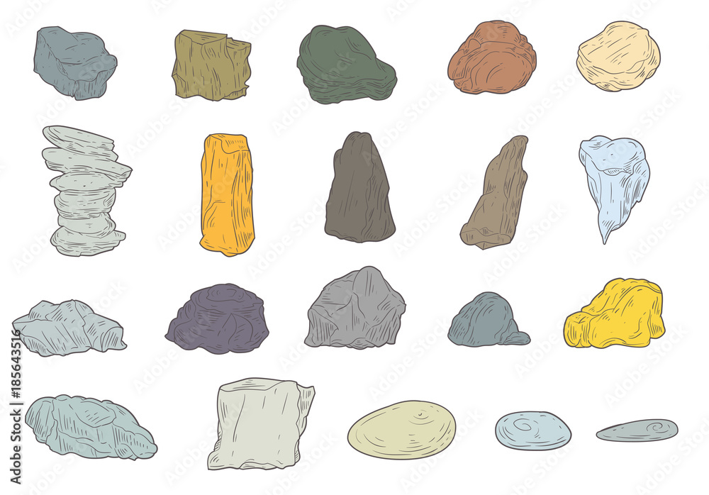 Set of different colorful stones in cartoon sketch style. Hand drawn ...