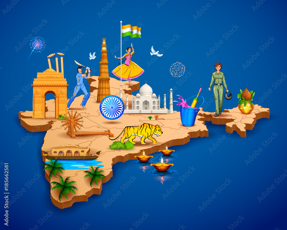 Detailed 3d map of India showing different monument and famous places ...