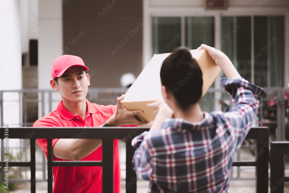 Young logistic career concept. Happy delivery man giving his package to ...