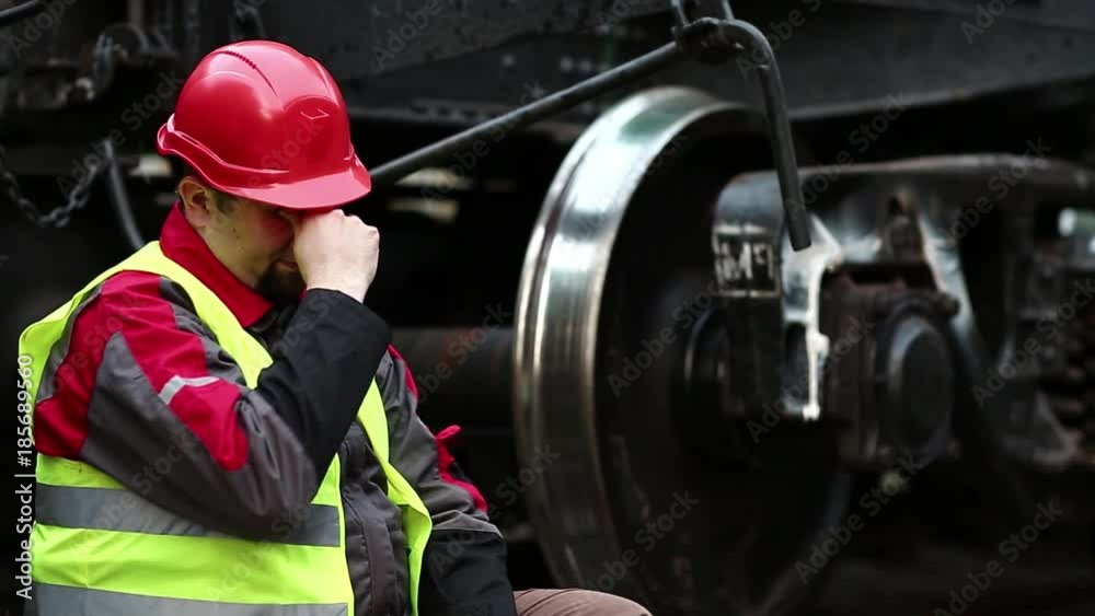 Stressed railroadman on railway track, railway worker sits on railway ...