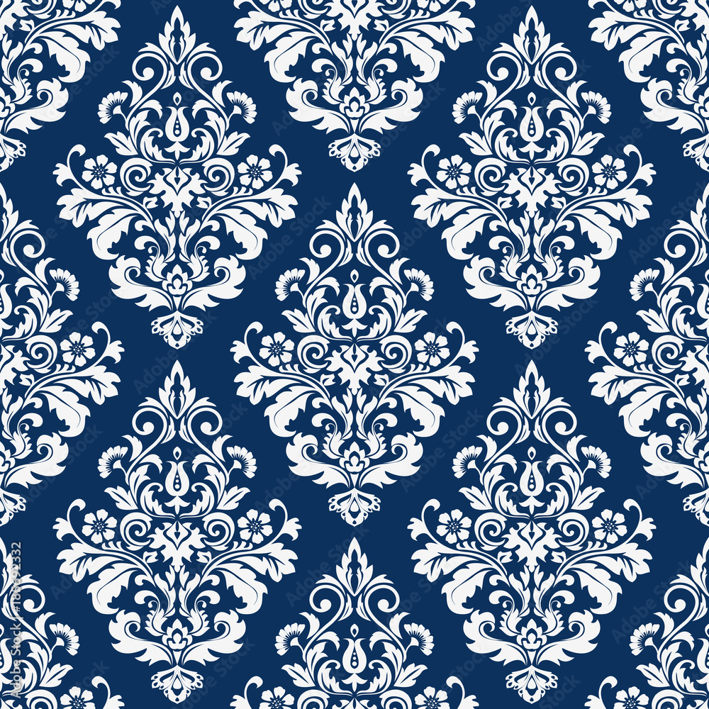 Dark Blue Damask Wallpaper