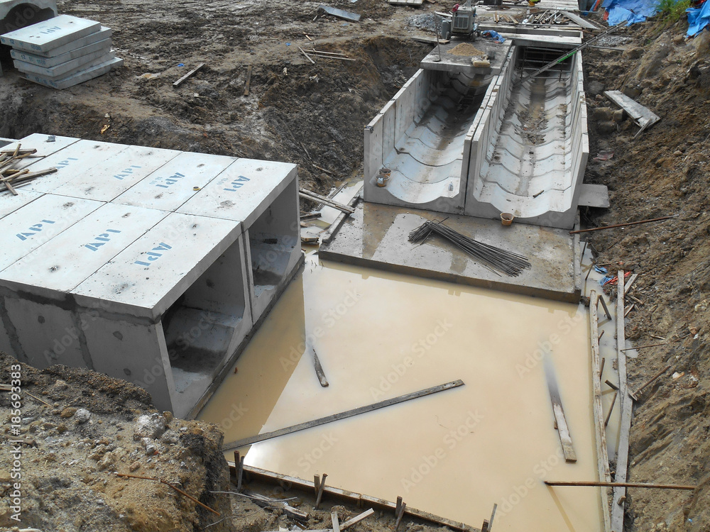 Underground precast concrete drainage under construction at the ...