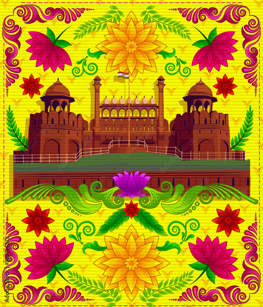 Indian monument red fort with indian style design and floral pattern ...