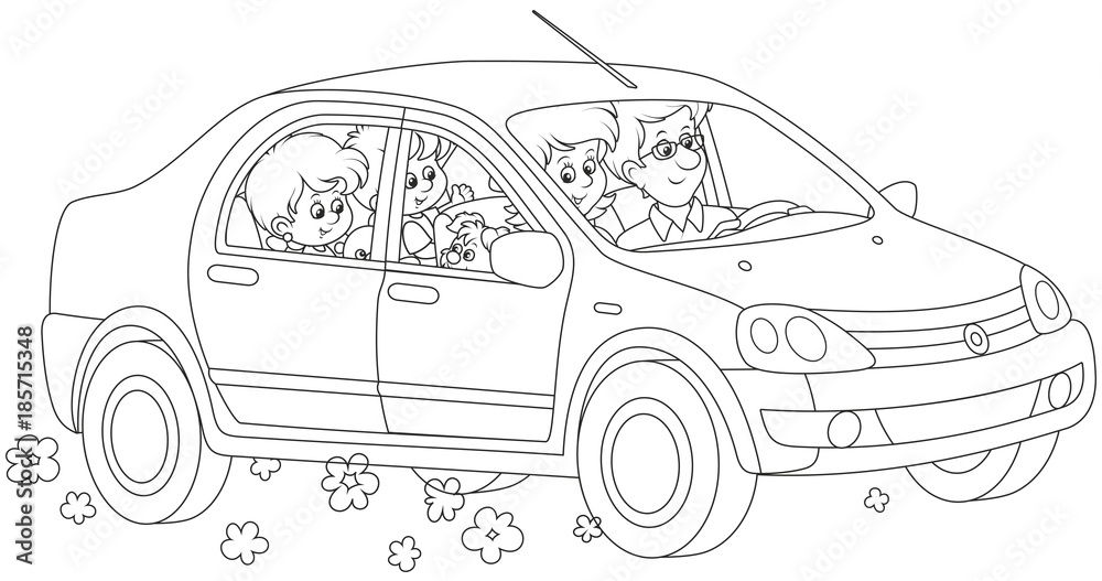 Black and white vector illustration of a happy family with small ...