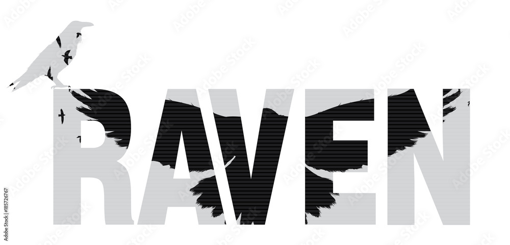 Vector illustration of the raven word with raven silhouette with the ...