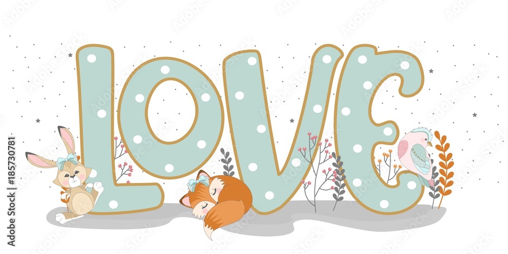 The word Love with funny animals. The romantic elements. Inscription ...