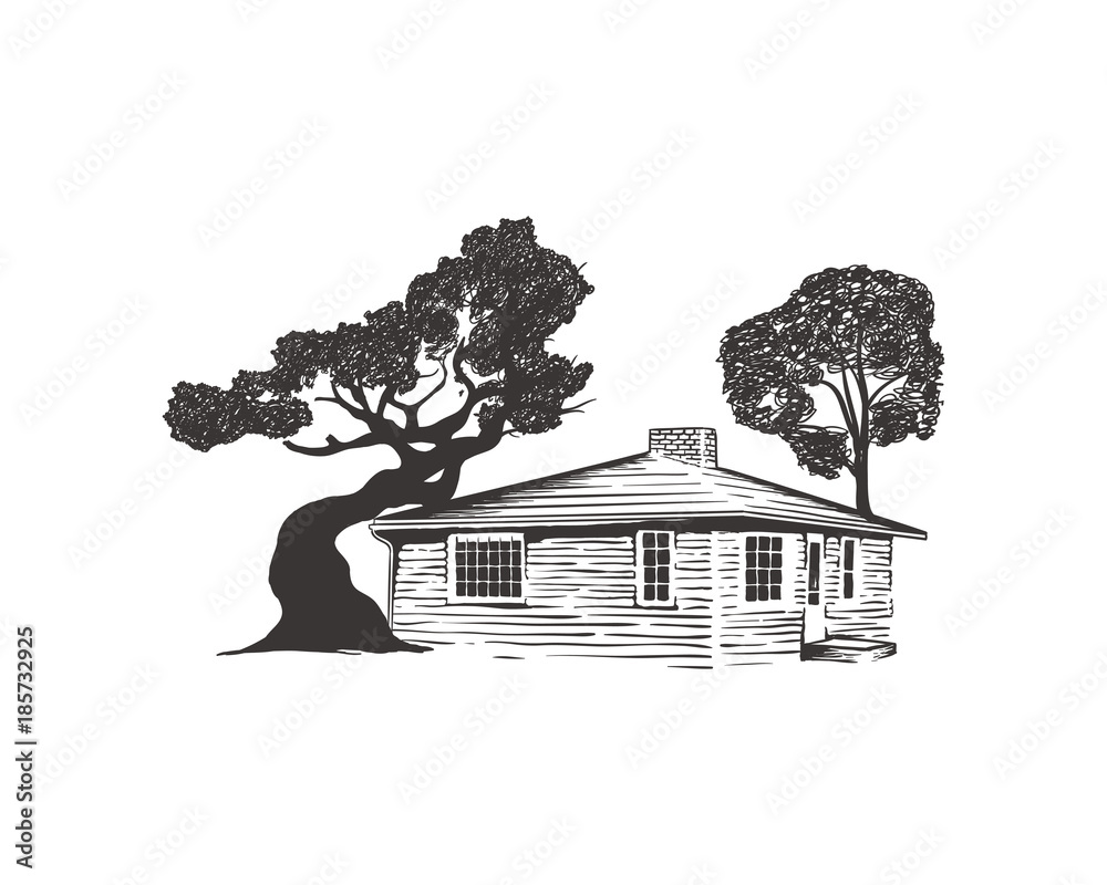 Old House with the Tree on the SIde Illustration Hand Drawing Logo ...