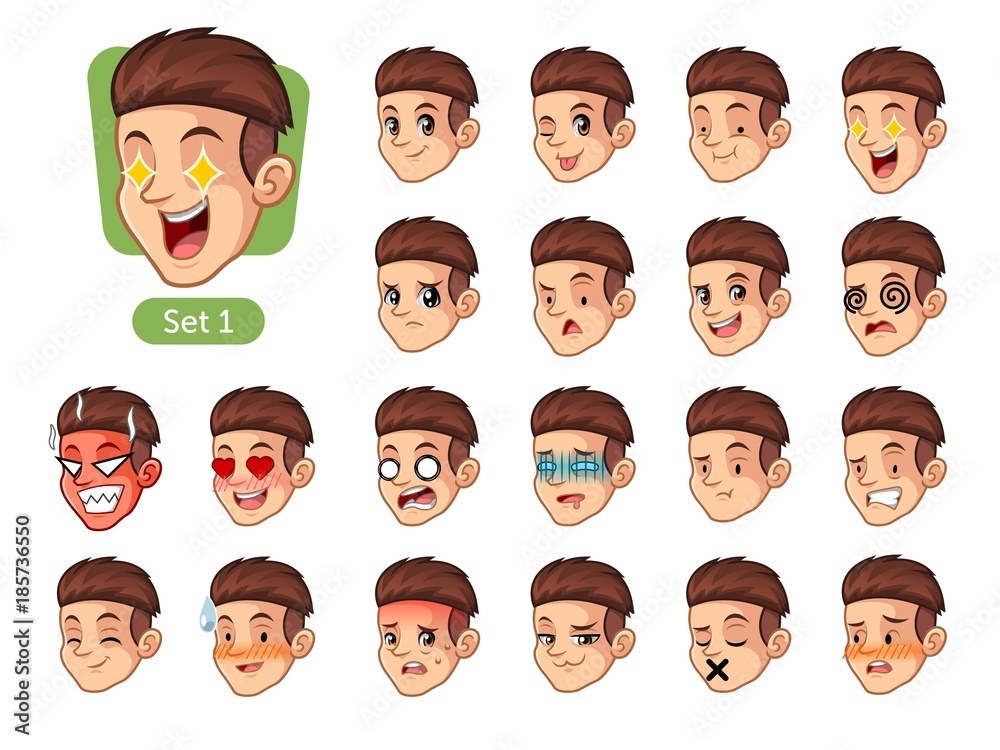 The first set of male facial emotions cartoon character design with red ...