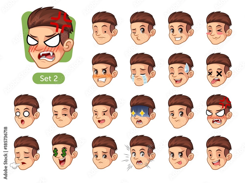 The second set of male facial emotions cartoon character design with ...