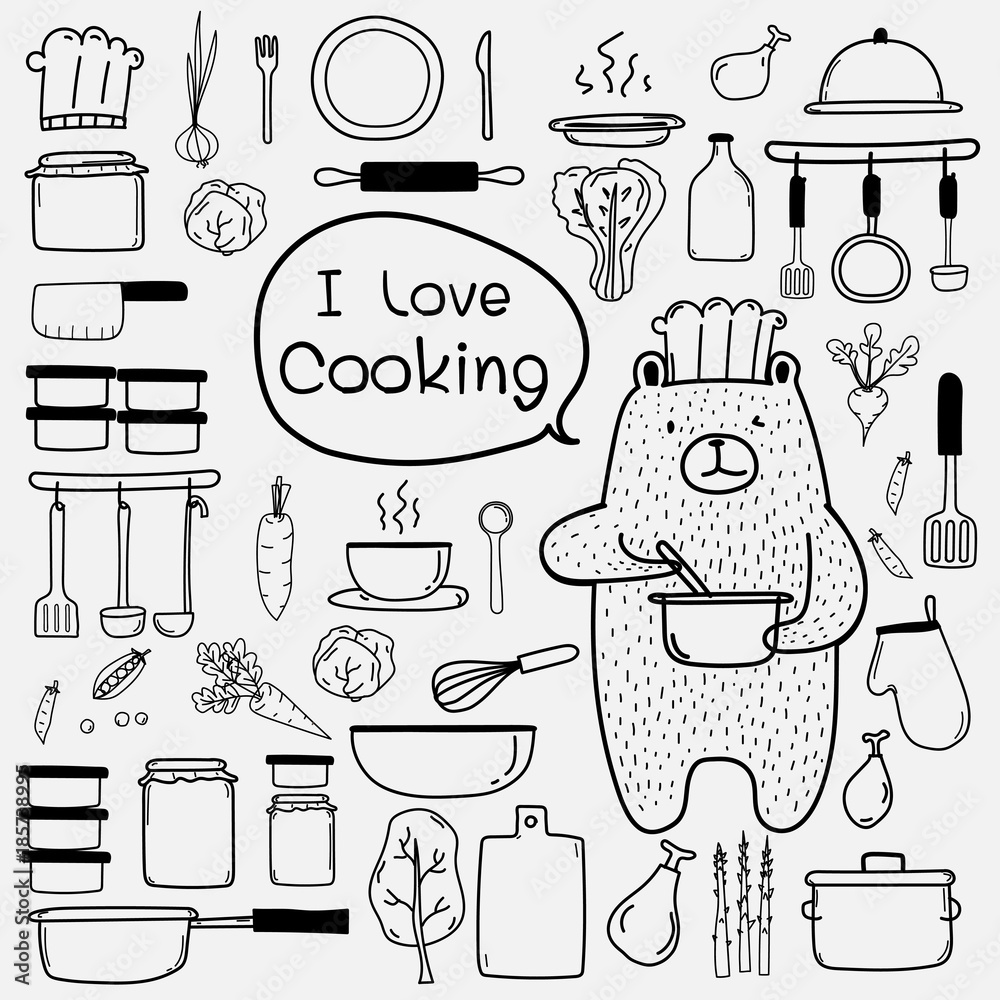 Bear Chef Is Cooking Say "i Love Cooking". Line Hand Drawn Doodle ...
