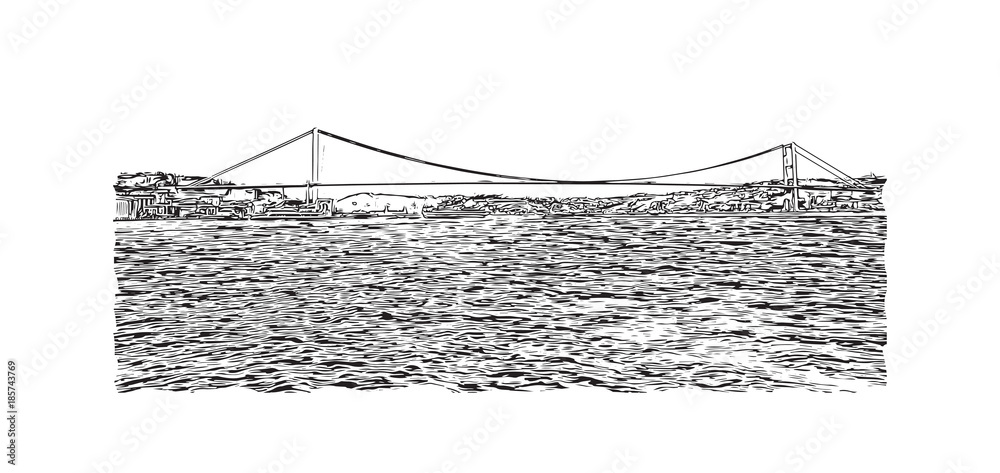 Hand drawn sketch of Iconic shot of Istanbul Bosphorus Bridge, Istanbul ...