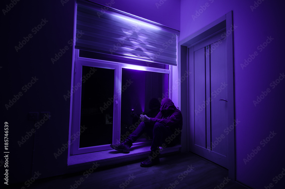Horror man in window scary scene halloween concept Blurred silhouette ...